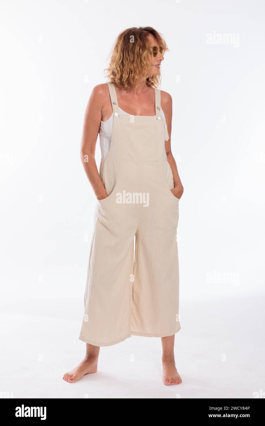 photo session model over 60 on white background Stock Photo - Alamy