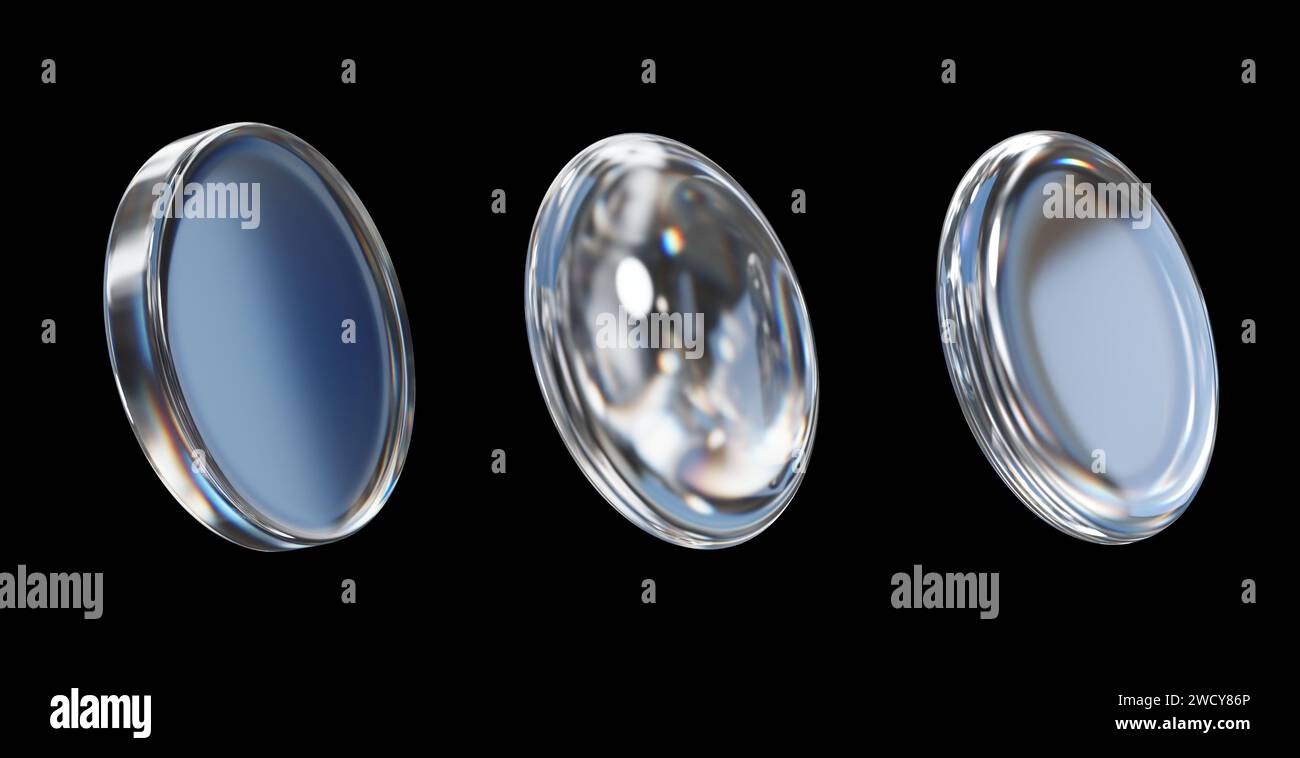 Crystal lens shape set isolated on black background 3d rendering ...