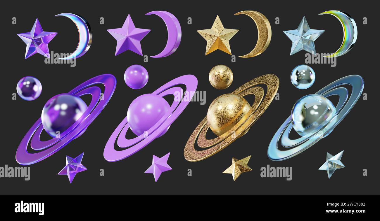 Saturn and stars decoration set isolated on black background 3d ...