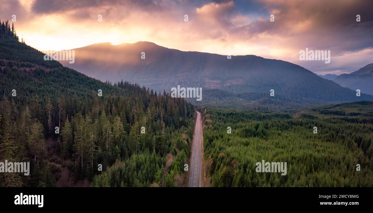 Scenic Road in Vancouver Island, BC, Canada. Aerial View with mountains ...