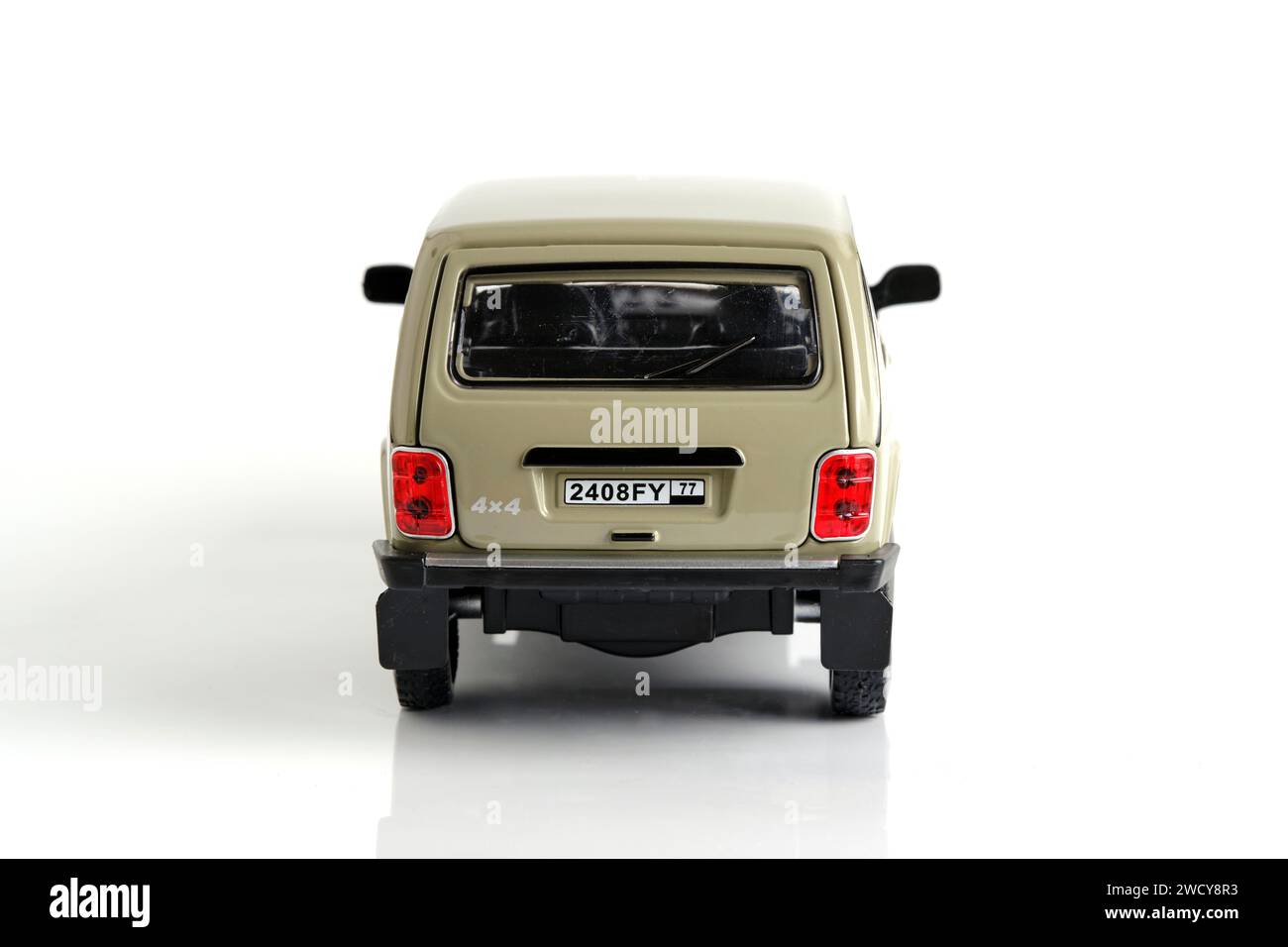 Kazakhstan, Kostanay, January 12, 2024. VAZ-2121 Lada Niva model in 1:24 scale on a white ...