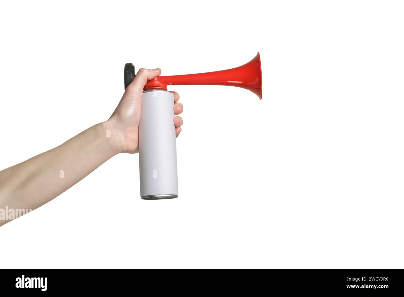 hand with air horn metal can isolated Stock Photo - Alamy