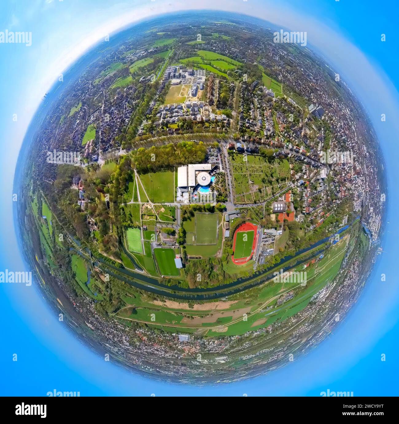 Aerial view, sports field in the sports center east and Maximare ...