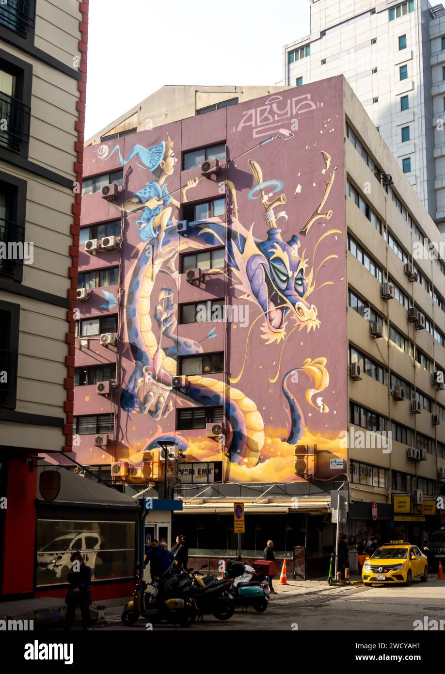 A mural depicting dragon by French artist Abys Osmos in Konak district ...