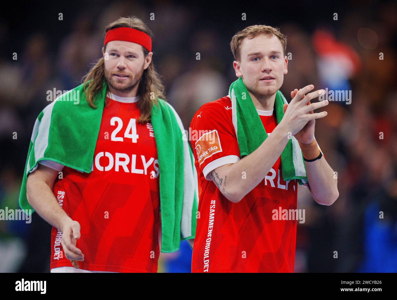 Hamburg, Wednesday 17 January 2024. Denmark's Simon Pytlick and Mikkel ...