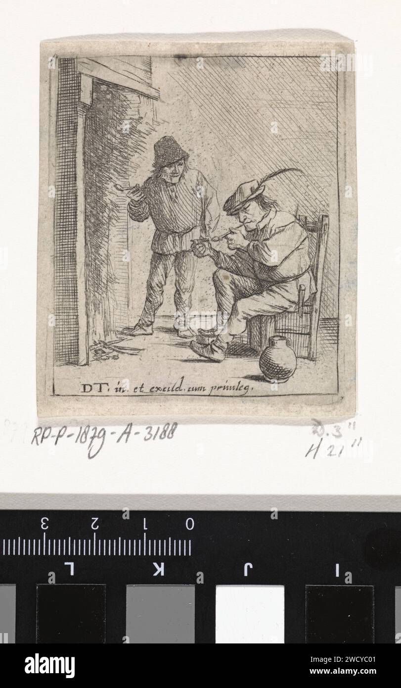 Two farmers by the fireplace, Anonymous, After David Teniers (II), 1626 - 1690 print A standing ...