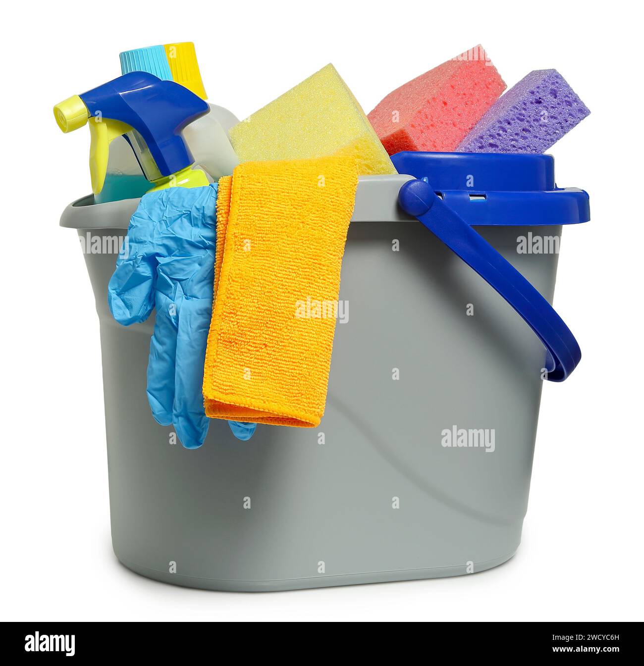 bucket with cleaning products and equipment isolated Stock Photo - Alamy
