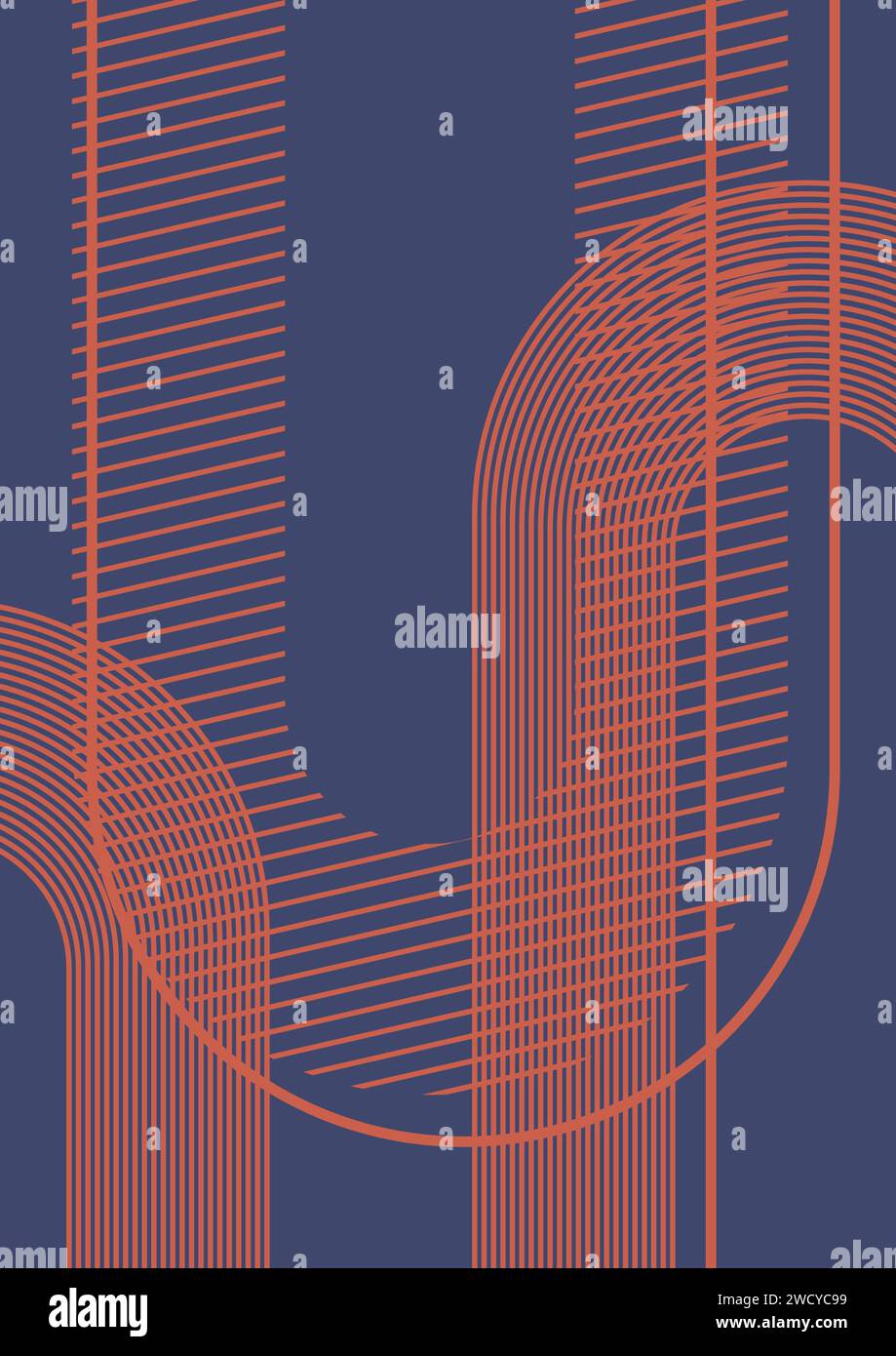 Abstract blue poster with geometric arch shapes. Stripes and lines ...