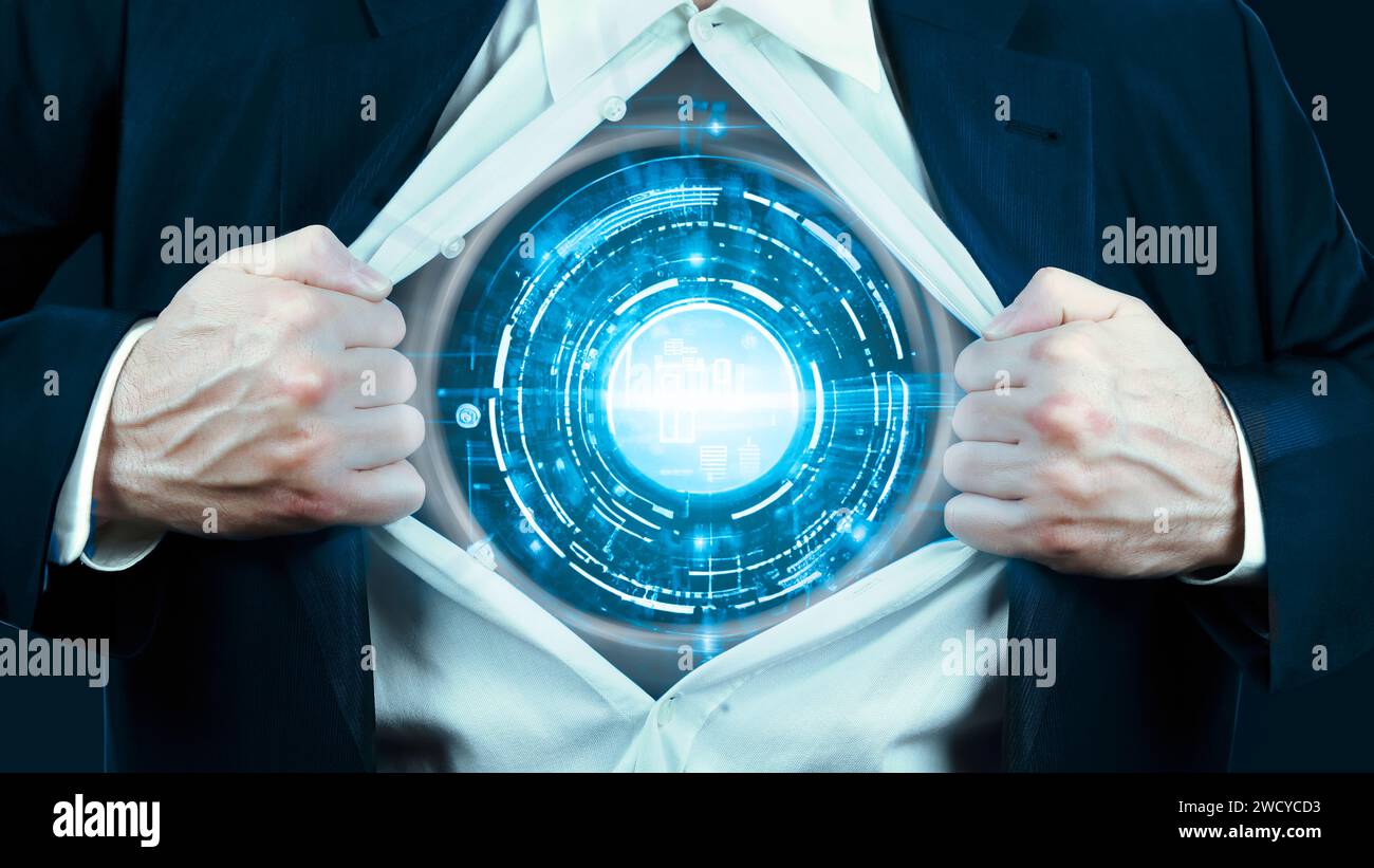 businessman opening his shirt to reveal futuristic technology theme ...