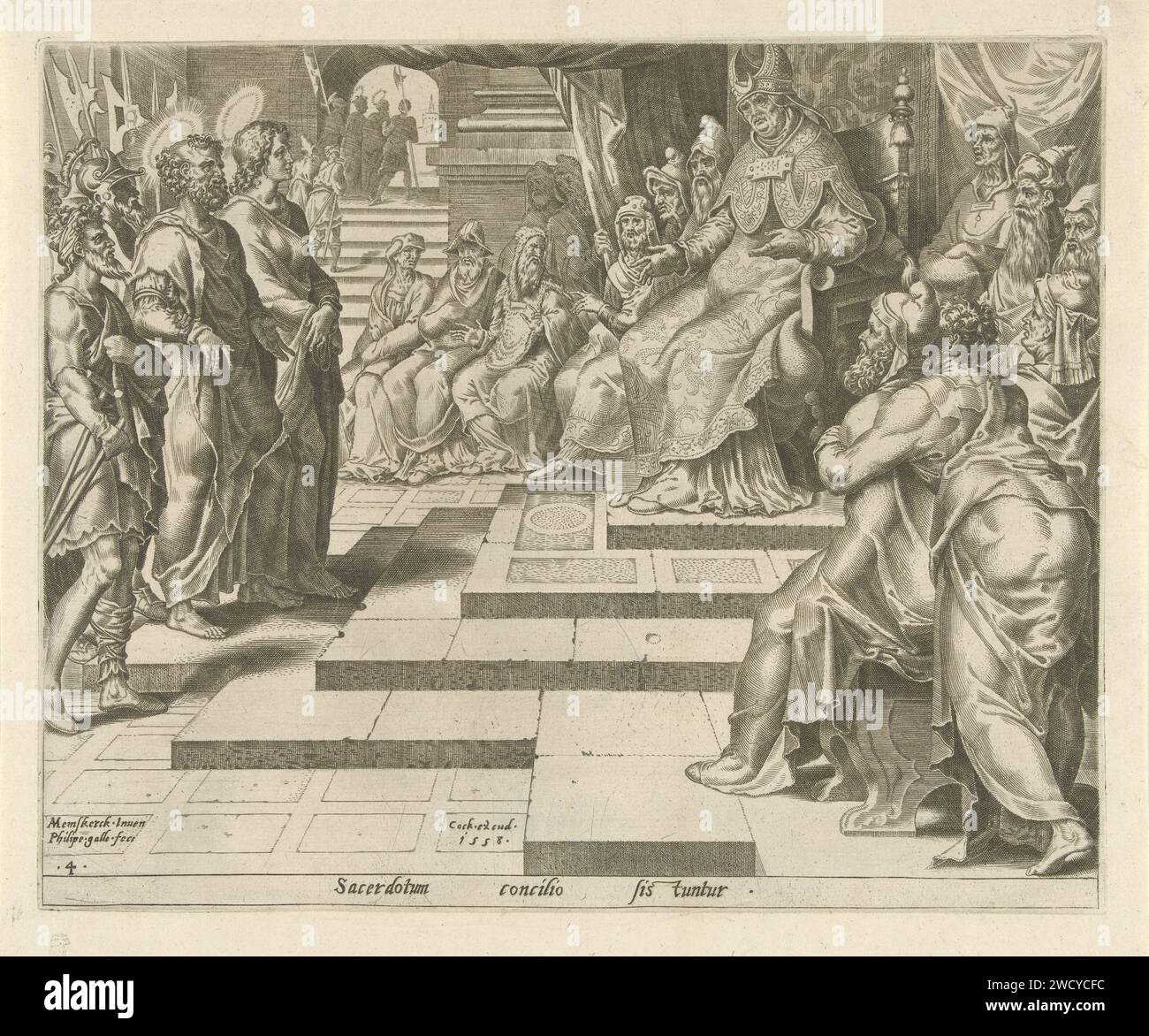 Petrus and Johannes for the high priest, Philips Galle, After Maarten ...