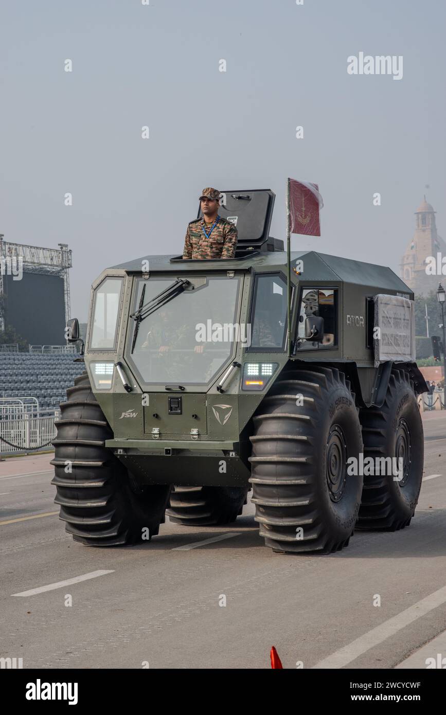New Delhi, India. 17th Jan, 2024. JSW ATOR military vehicle takes part ...