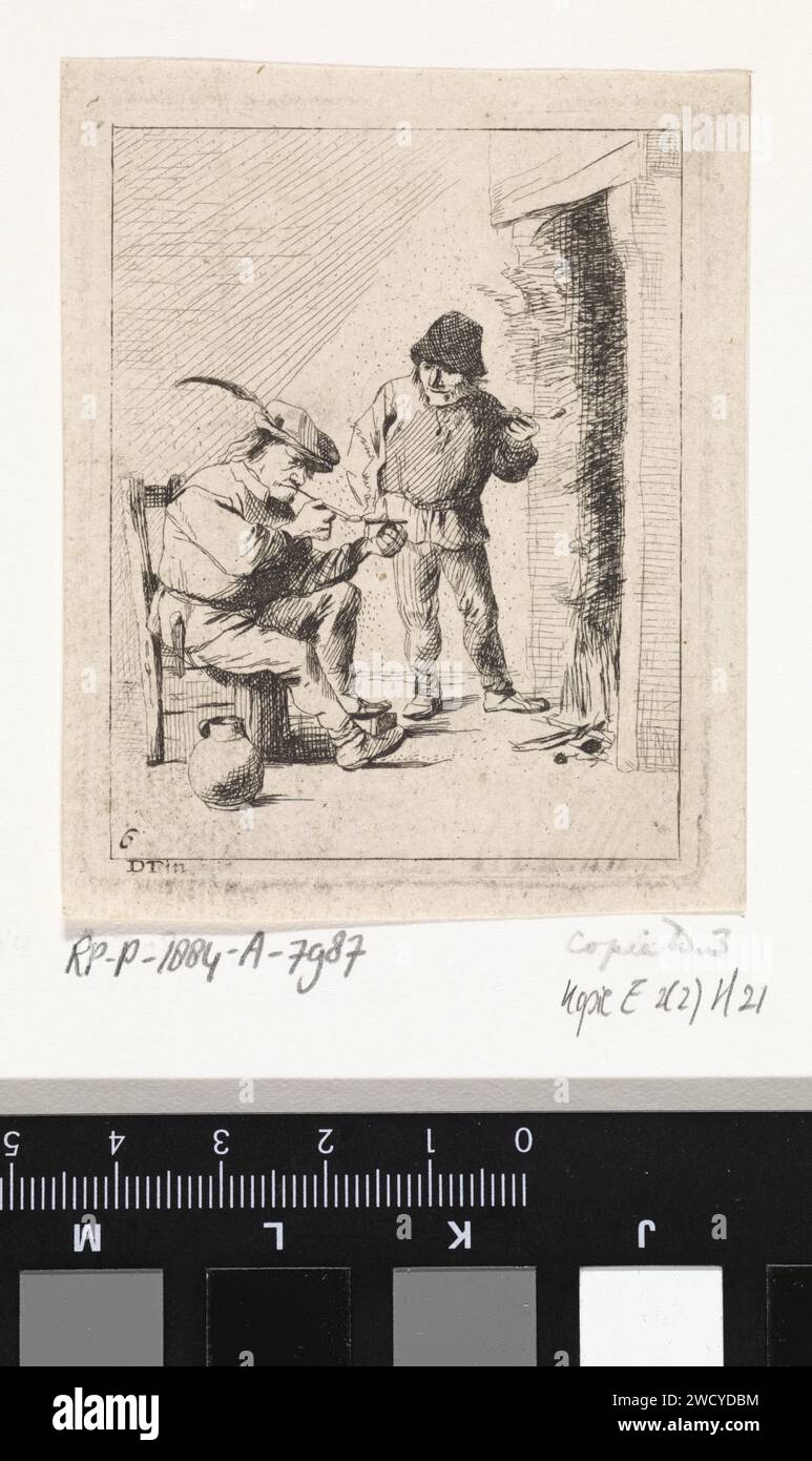 Two farmers by the fireplace, Anonymous, After David Teniers (II), 1626 - 1740 print A standing ...