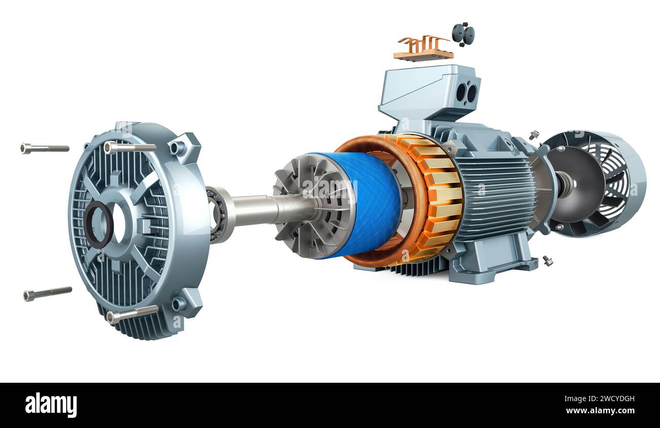 Electric motor parts and structure, 3D rendering isolated on white ...