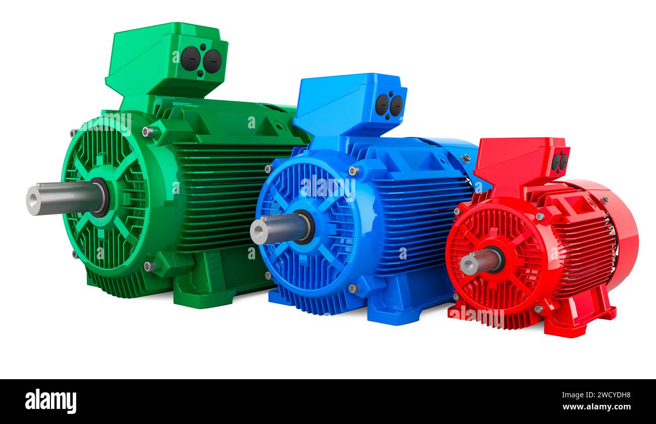 Industrial electric motors, different size. 3D rendering isolated on ...