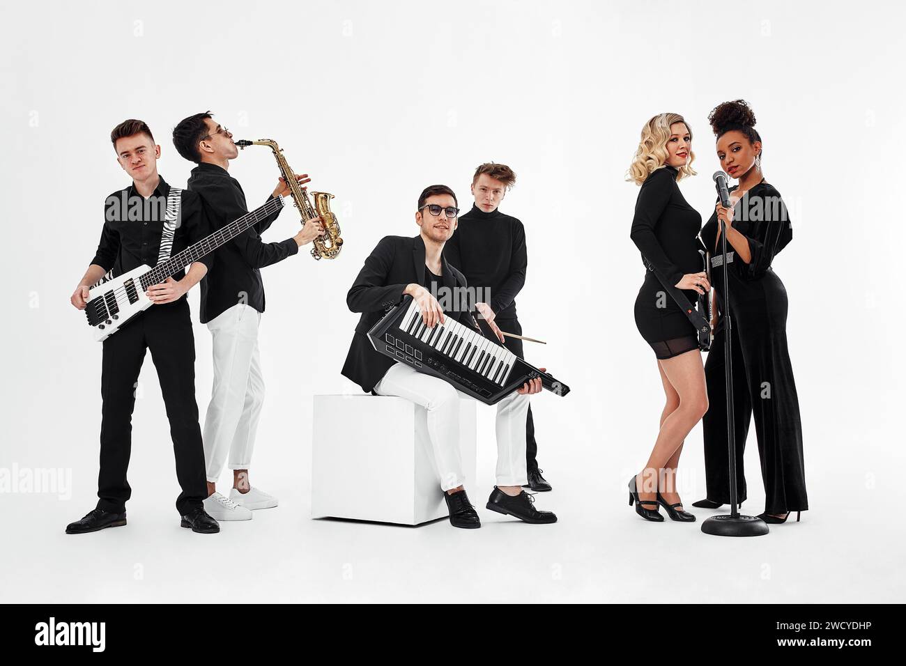 International group of musicians on a white background, guitarist ...