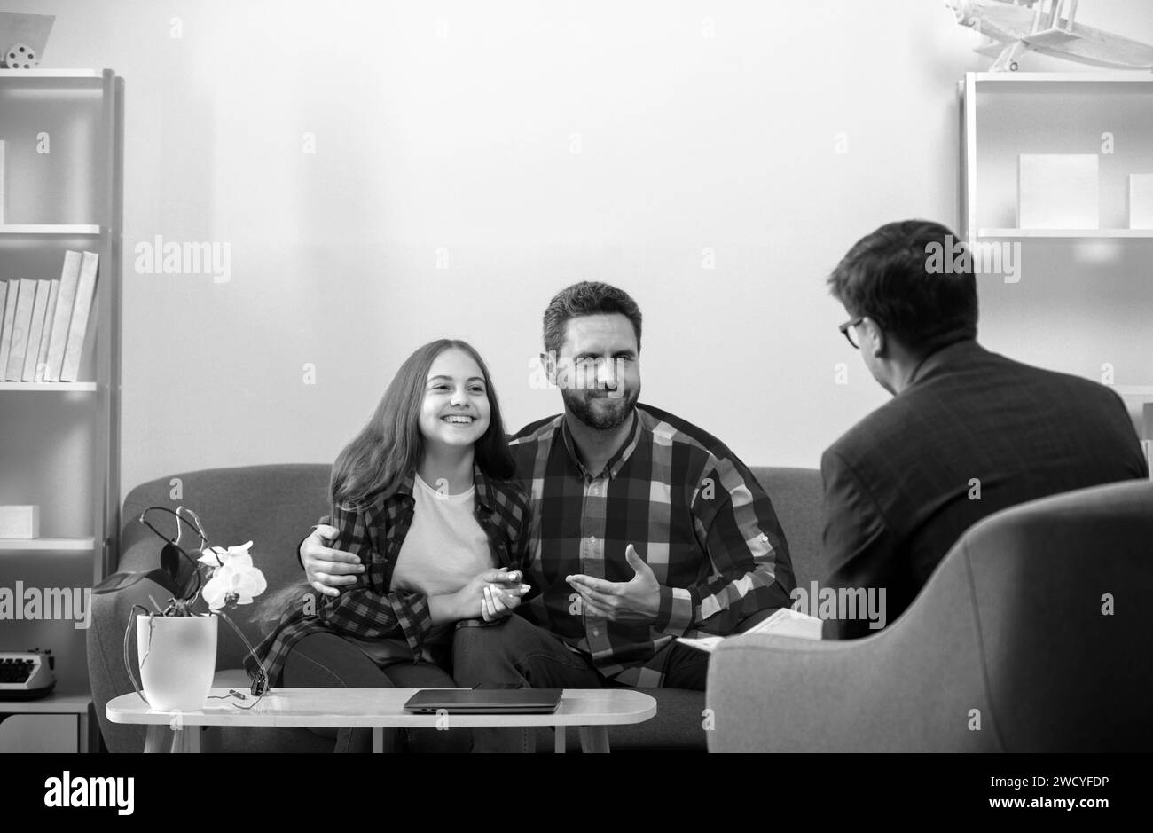 Psychology, mental family therapy, psychologist with father and ...