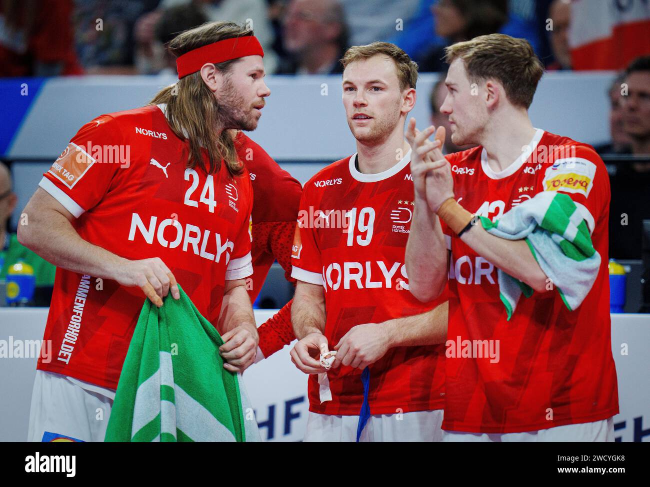 Hamburg, Wednesday 17 January 2024. Denmark's Mikkel Hansen, Mathias Gidsel and Simon Pytlick ...