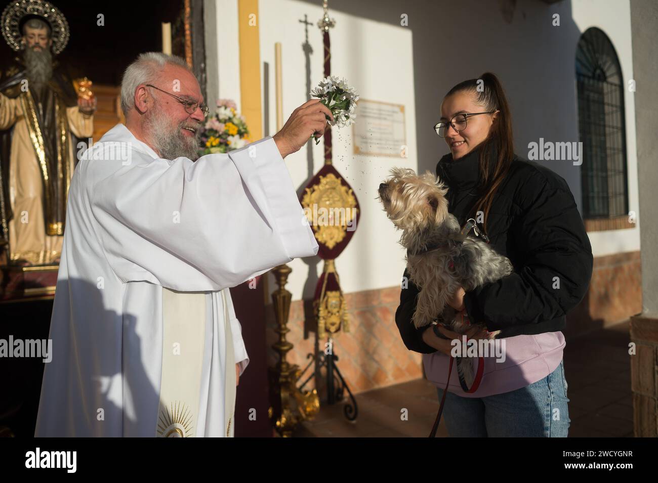 A priest blesses a dog outside San Anton church at the neighborhood of ...