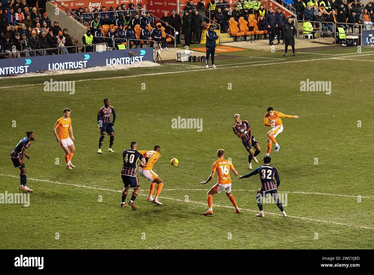 Albie Morgan of Blackpool shoots on goal during the Emirates FA Cup ...