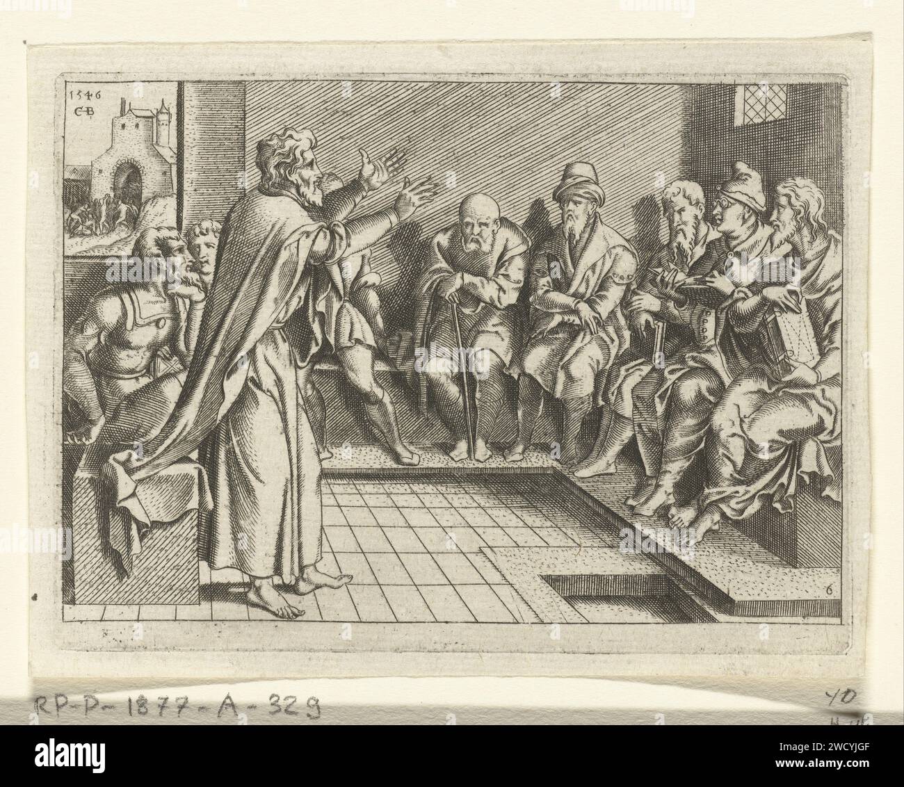 Paulus preaches in the synagogue, Cornelis Bos, 1546 print After his ...