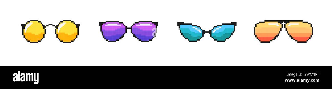 Pixel colored sunglasses set. Stylish purple optical accessories Stock ...