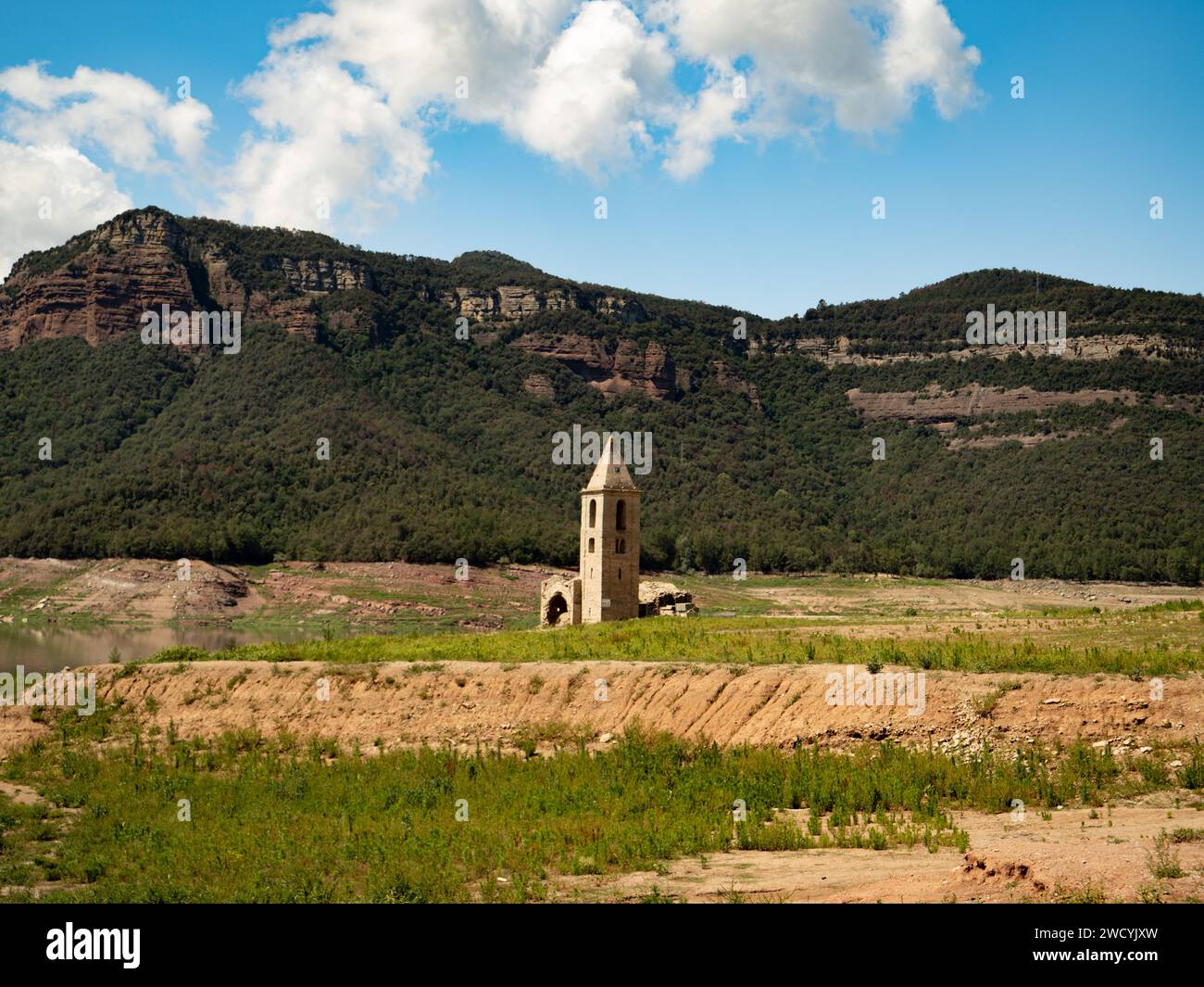 Church in Sau Swamp during the drought. Scarcity of water in Spain ...