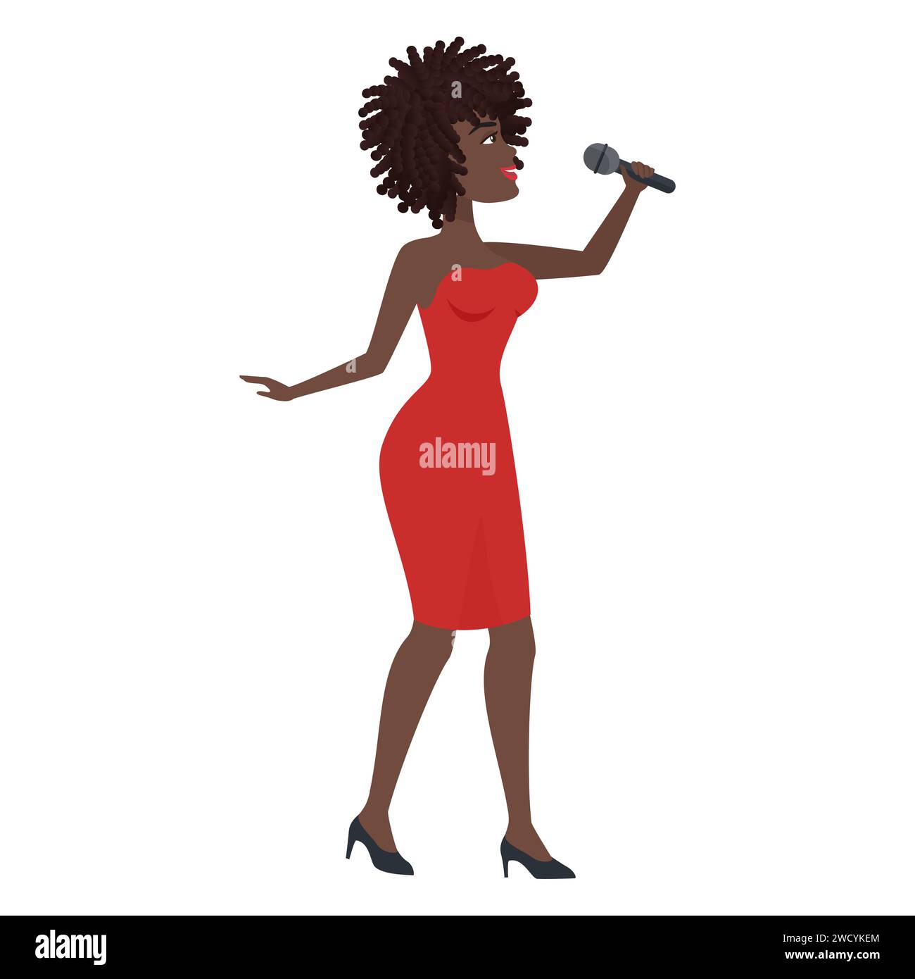 Elegant african woman singing karaoke. Woman holding microphone cartoon ...