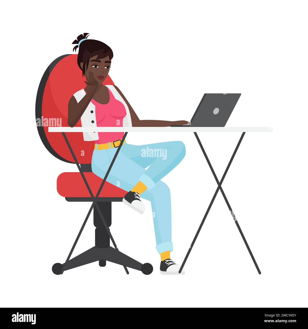 Hipster black girl working at table. Cool girl working at laptop ...