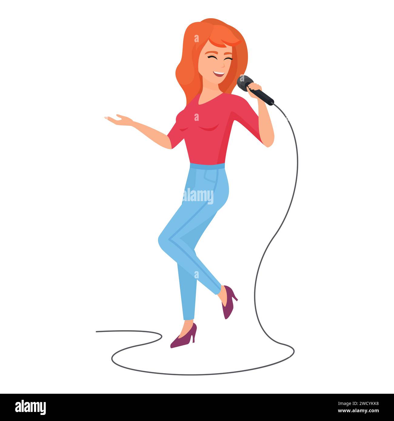 Girl singing at karaoke party. Woman holding microphone cartoon vector ...
