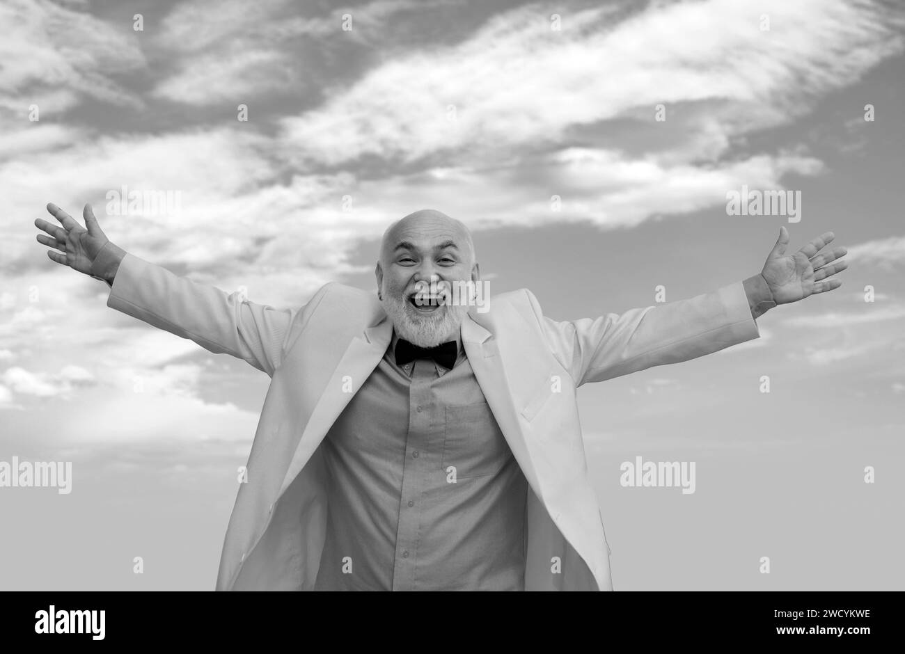 Life winner concept. Old mature man. Vintage success male in white suit ...