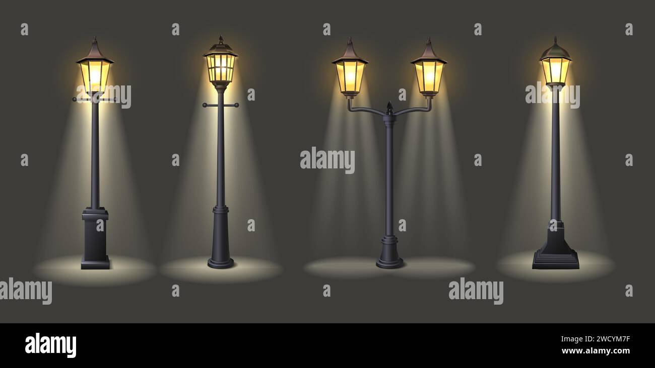 3d realistic vector icon illustration. Street lamps with light on dark ...