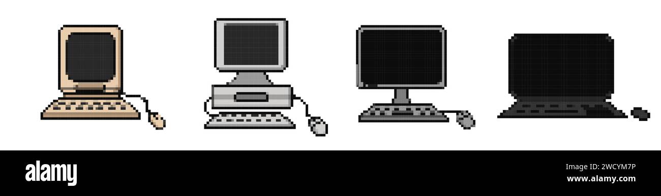 Modern and pixel retro computers set. Evolution of pc from old portable ...