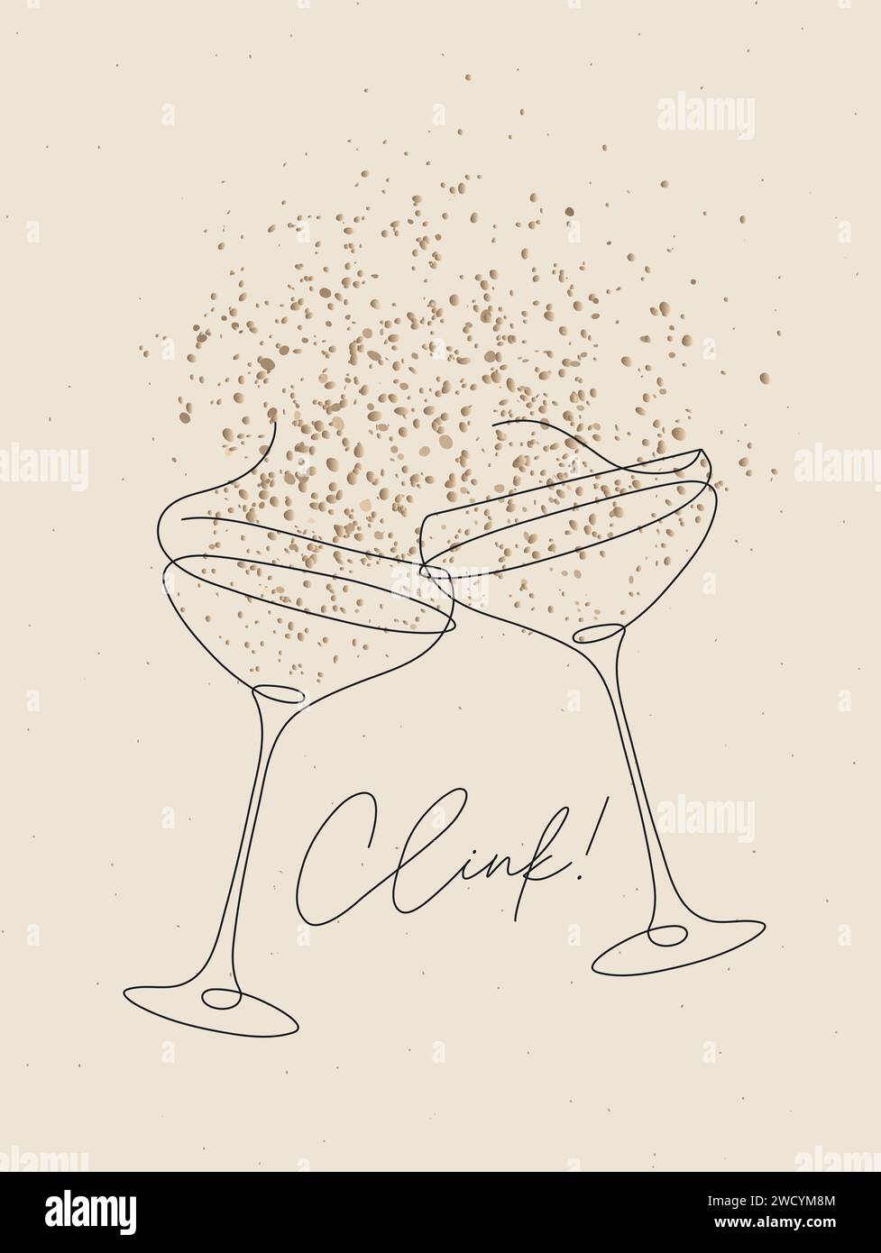 Clink glass of champagne with splash drawing in pen line style on beige ...