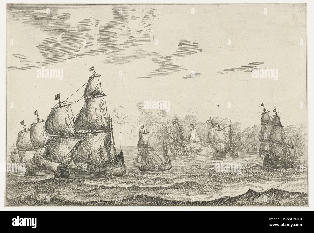 Sea battle, Reinier Nooms, 1652 - 1670 print Left Dutch merchant ships ...