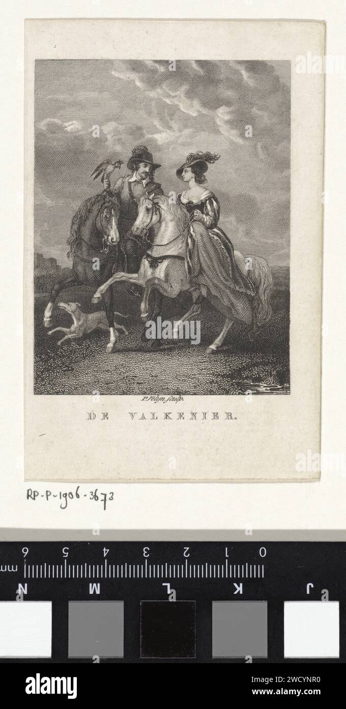 Couple during a falconry, Philippus Velijn, 1832 print A female rider ...