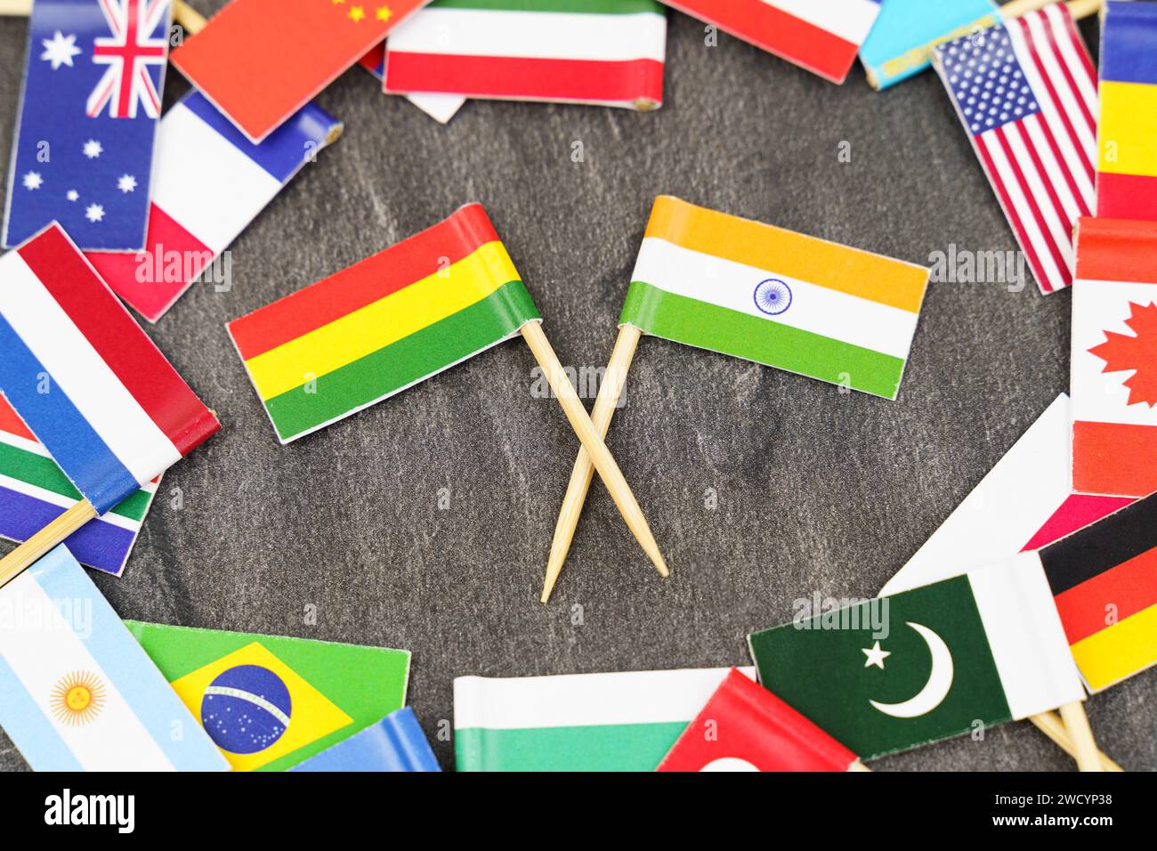 Policy. National flags of different countries. The concept is diplomacy ...