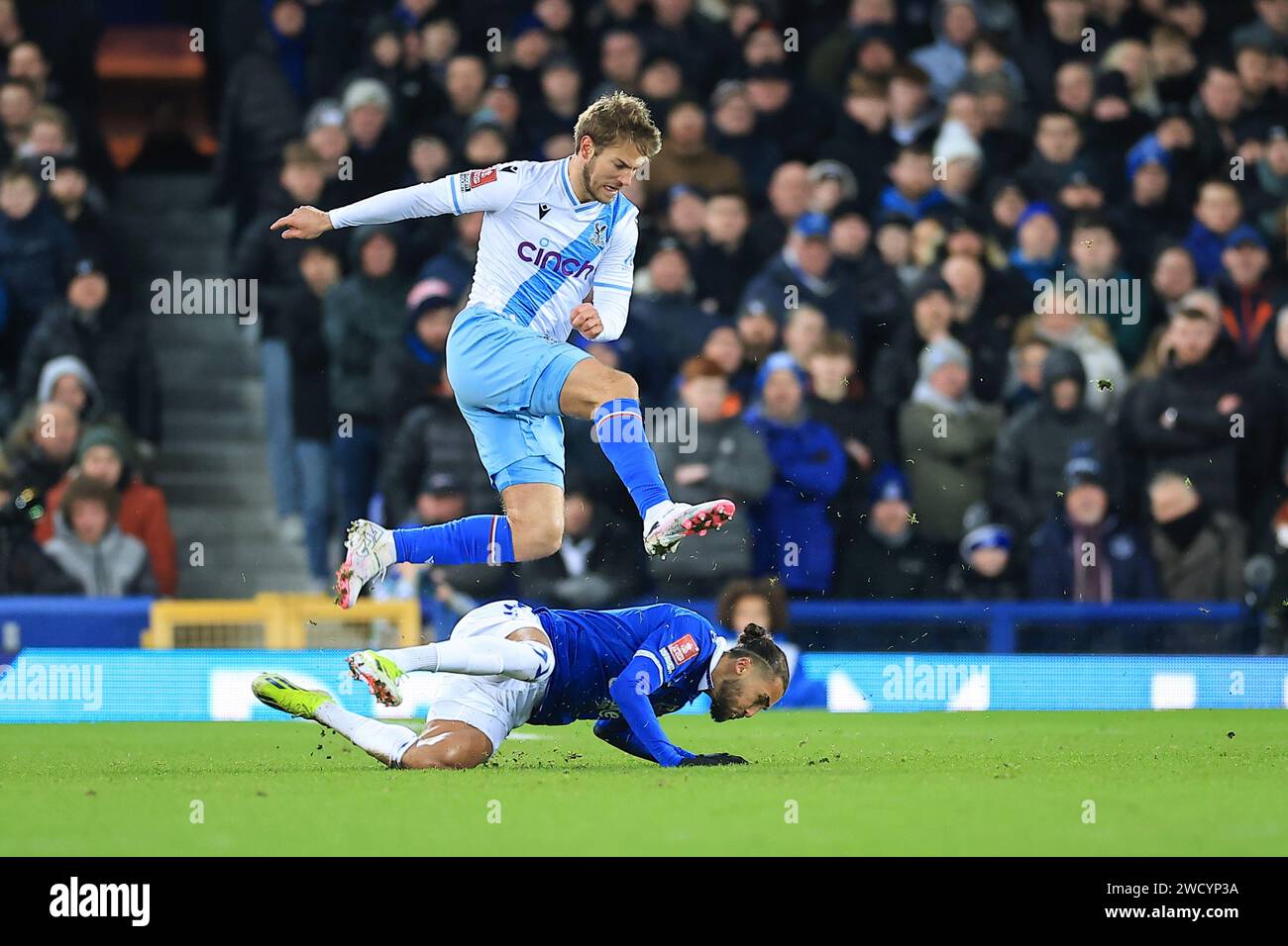Liverpool, UK. 17th Jan, 2024. Joachim Andersen of Crystal Palace jumps ...