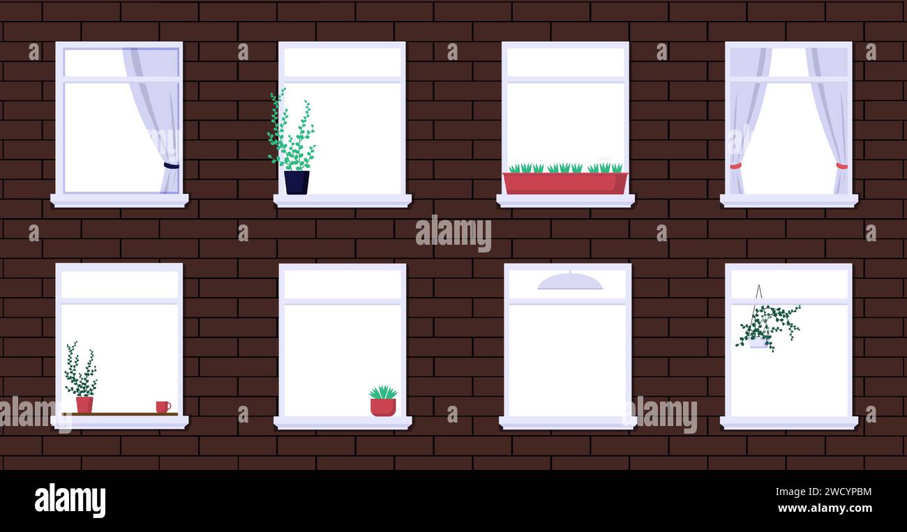 Apartment windows background. Residential building with flowers ...