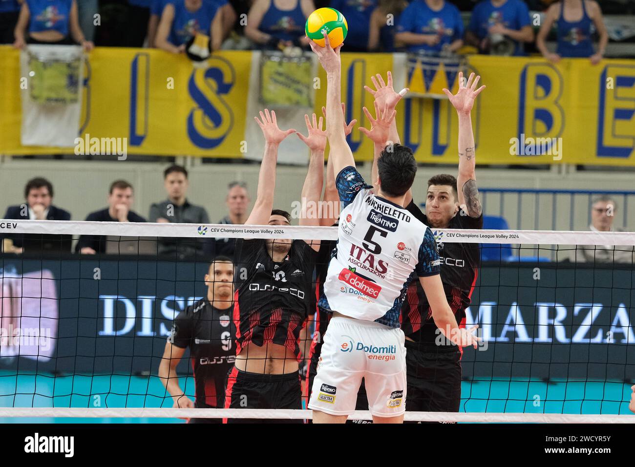 Trento, Italy. 17th Jan, 2024. Block of Bart?omiej Mordyl of Asseco Resovia Rzeszow during the ...
