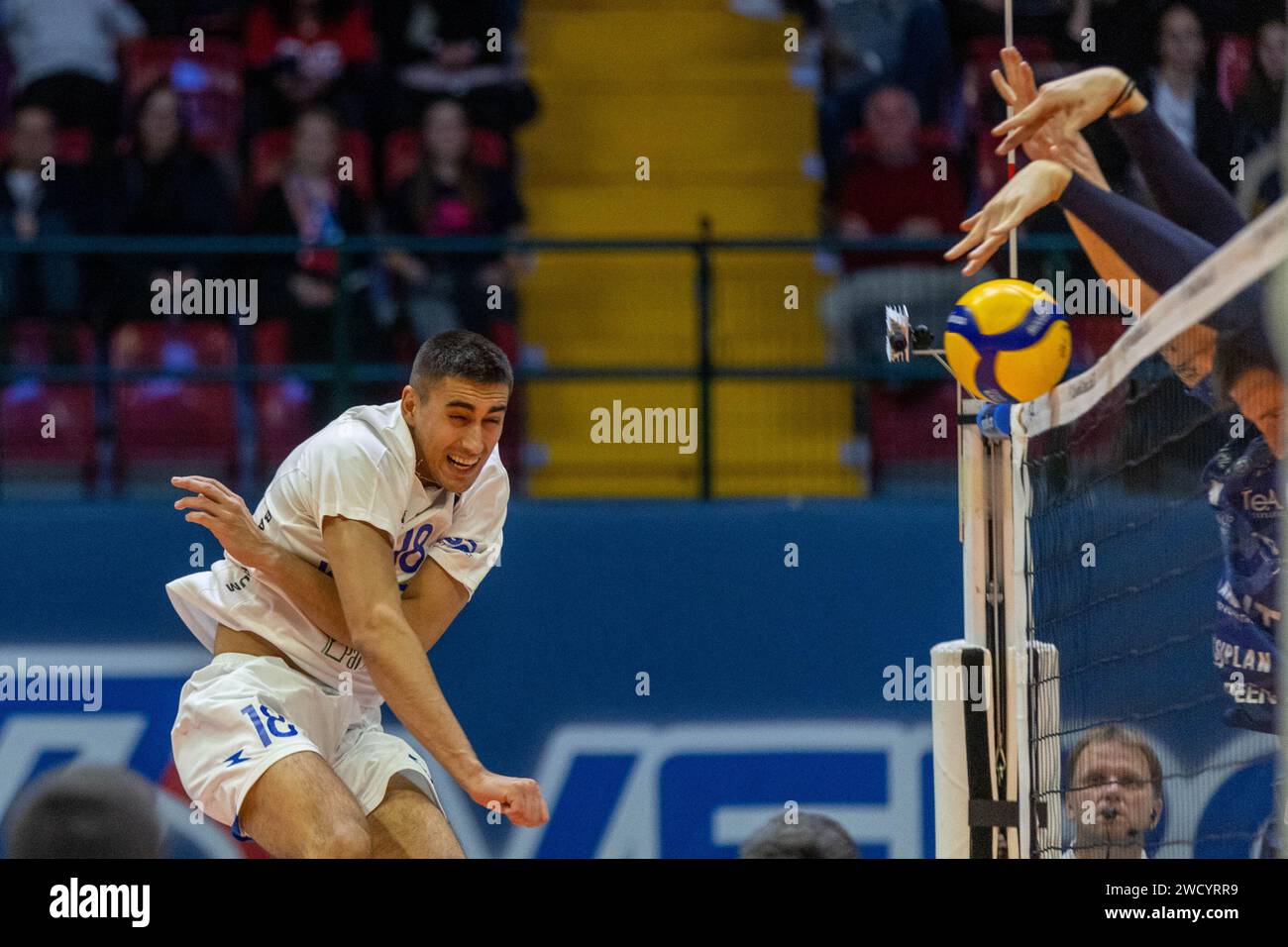 Monza, Italy. 17th Jan, 2024. Spike of Venislav Antov (Levski Sofia ...
