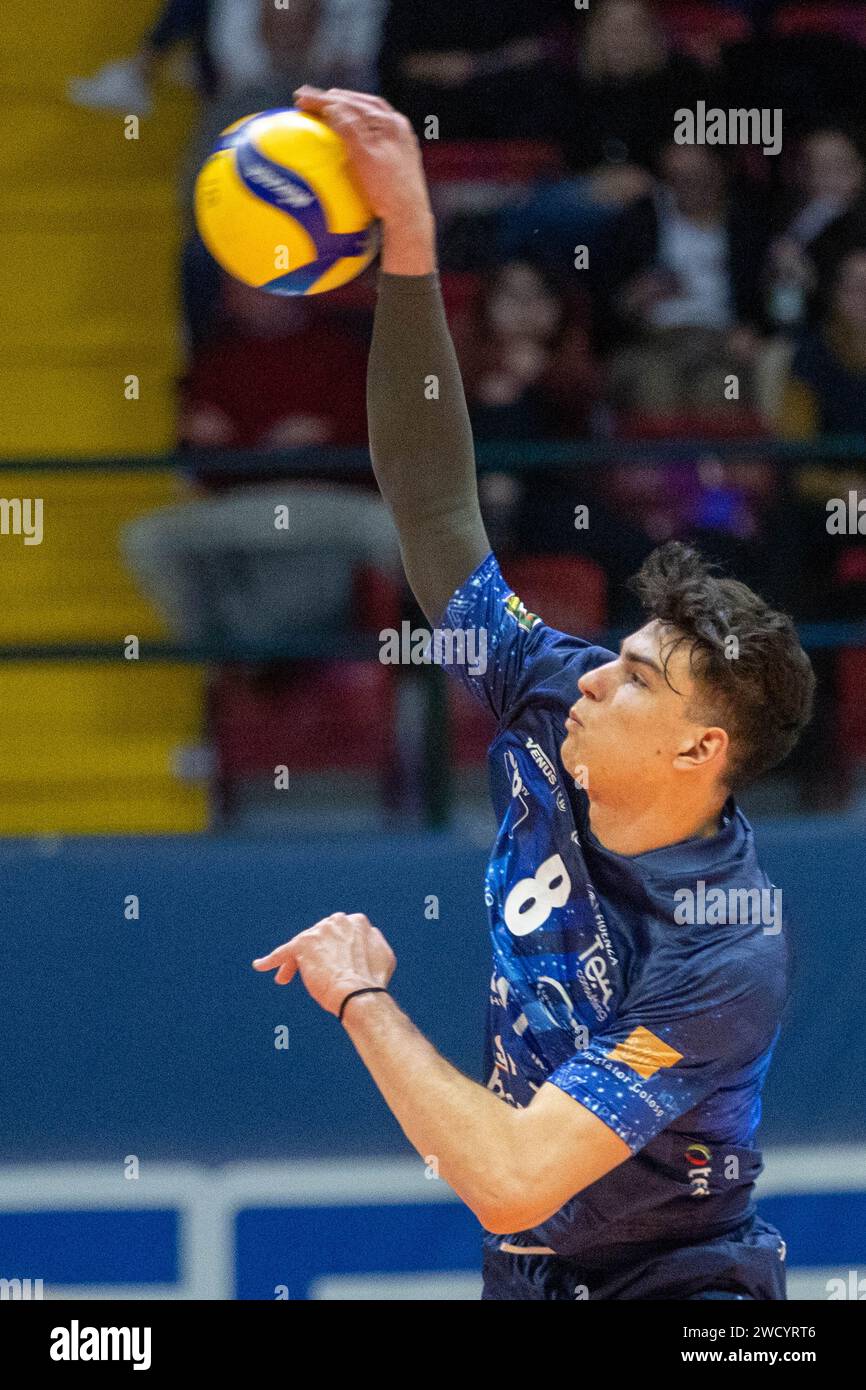 Monza, Italy. 17th Jan, 2024. Spike of Nik Mujanovic (Vero Volley Monza ...