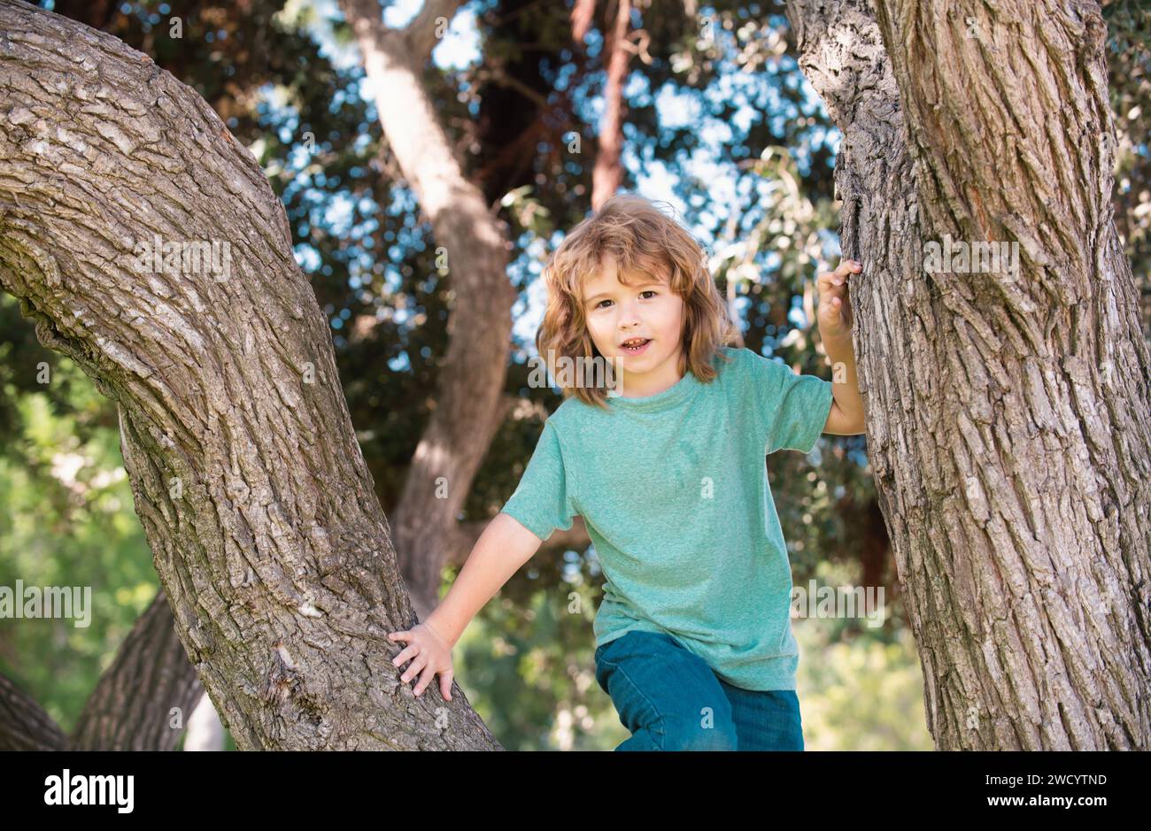 Young child blond boy climbing tree. Happy child playing in the garden ...