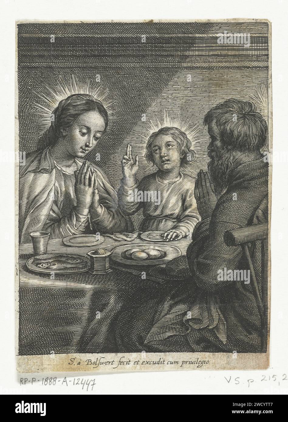 Holy family praying for the meal, Schelte Adamsz. Bolswert, after Peter ...