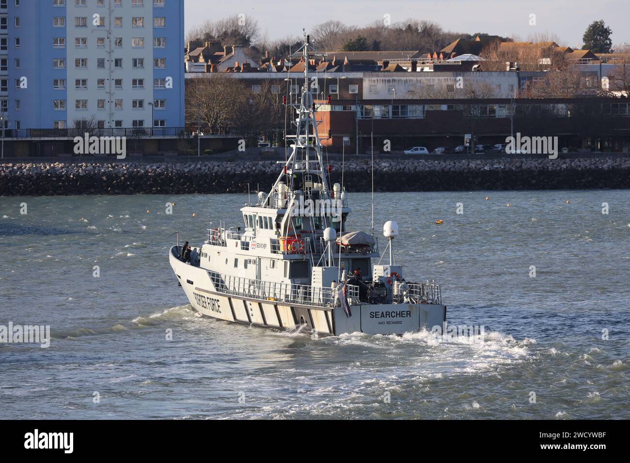 The UK Border Force cutter HMC SEARCHER turns and heads towards its ...