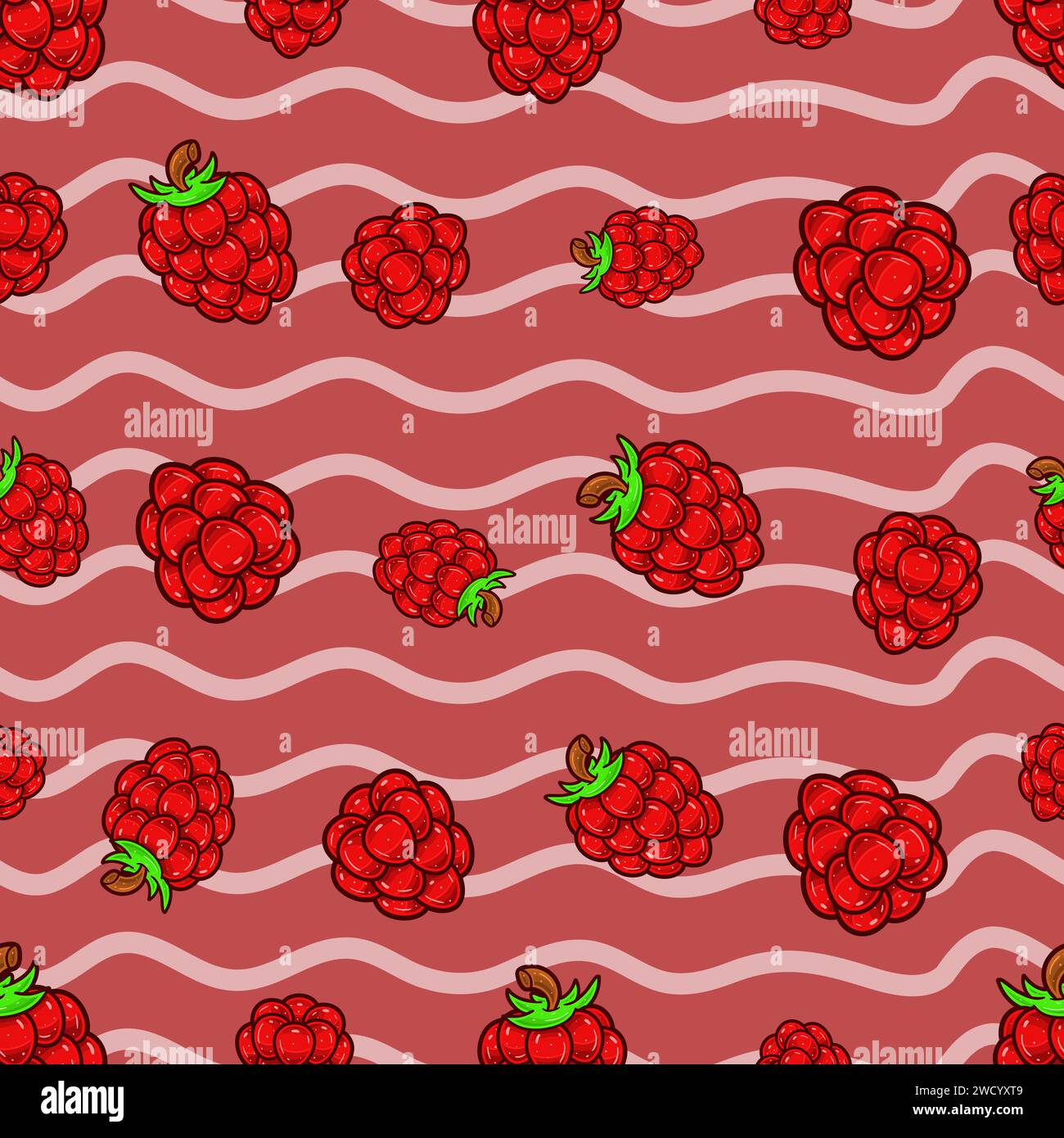 Raspberry Fruit Seamless Pattern in Cartoon Style. Perfect For ...