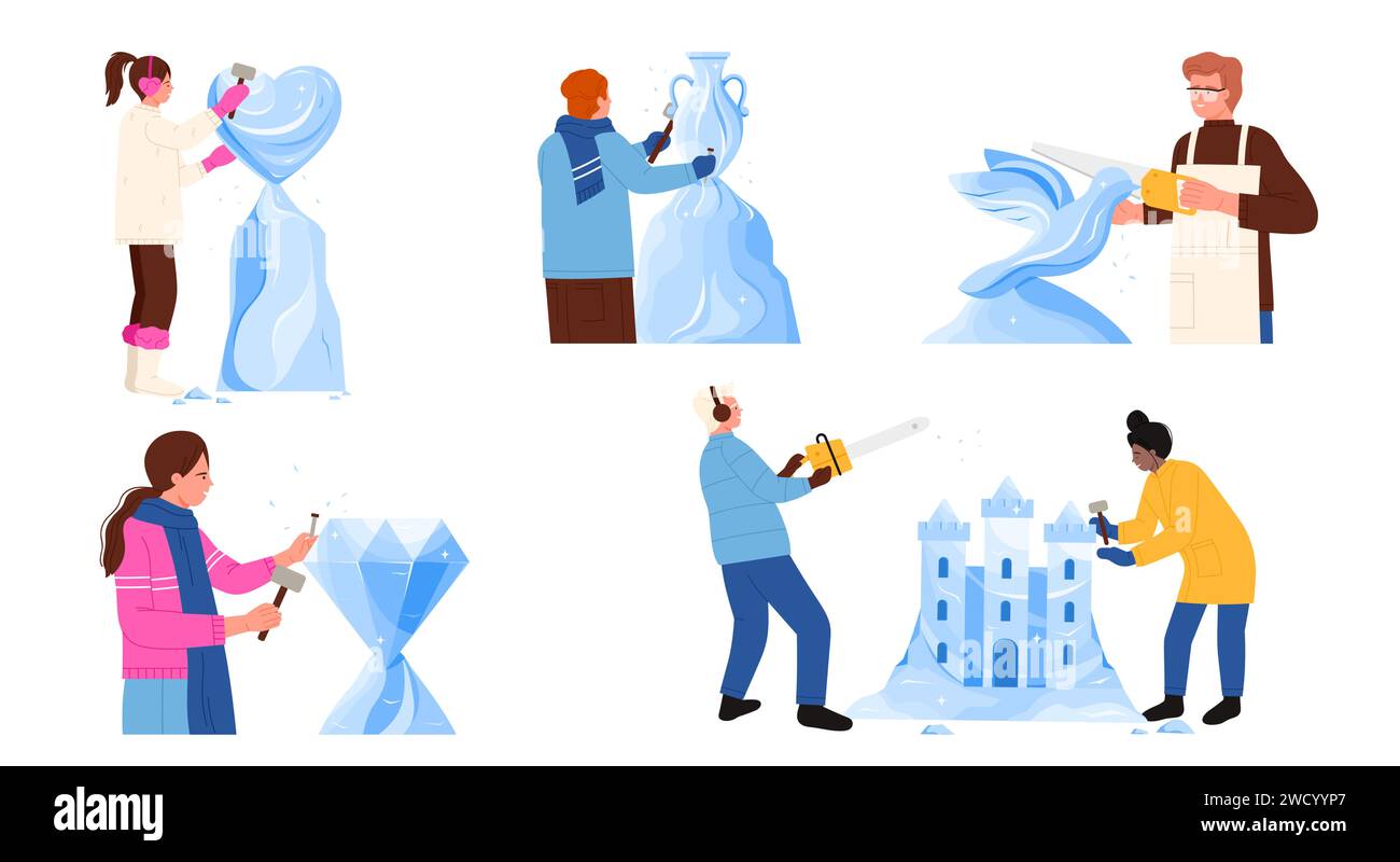 Making ice sculptures in winter set. Sculptors holding chisel and ...