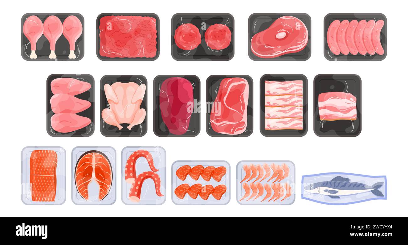 Meat and fish supermarket packages set. Top view of plastic styrofoam ...