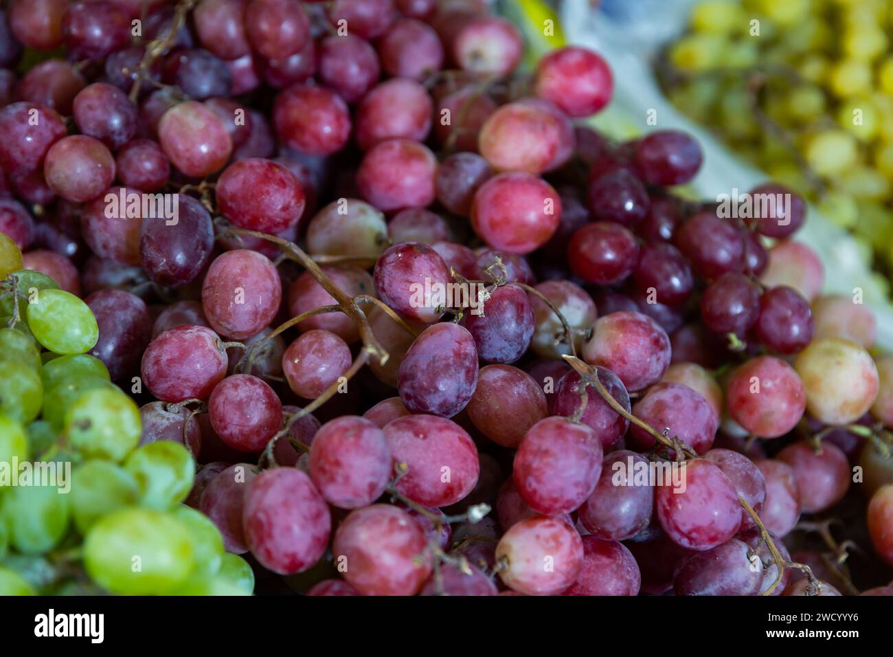 Red grapes put on counter in fruit and vegetable market Stock Photo - Alamy
