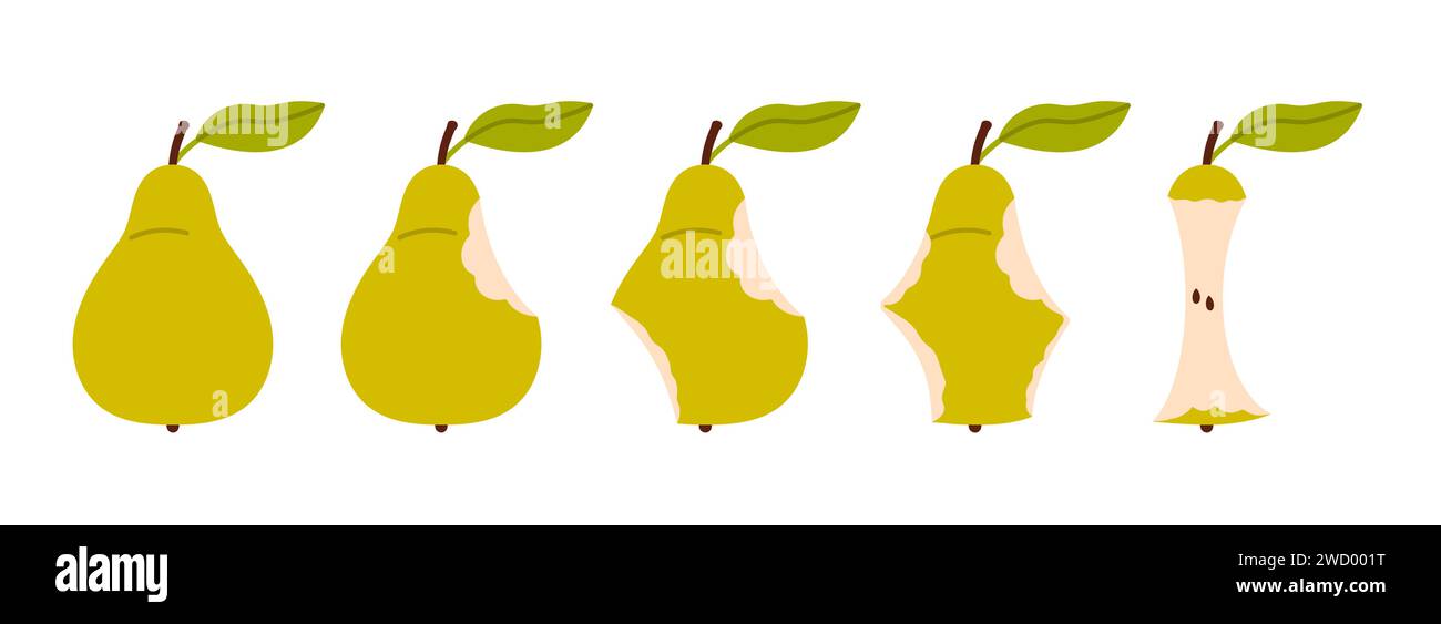 Eaten pear set of animation sequence. Bite stage collection, bitten ...