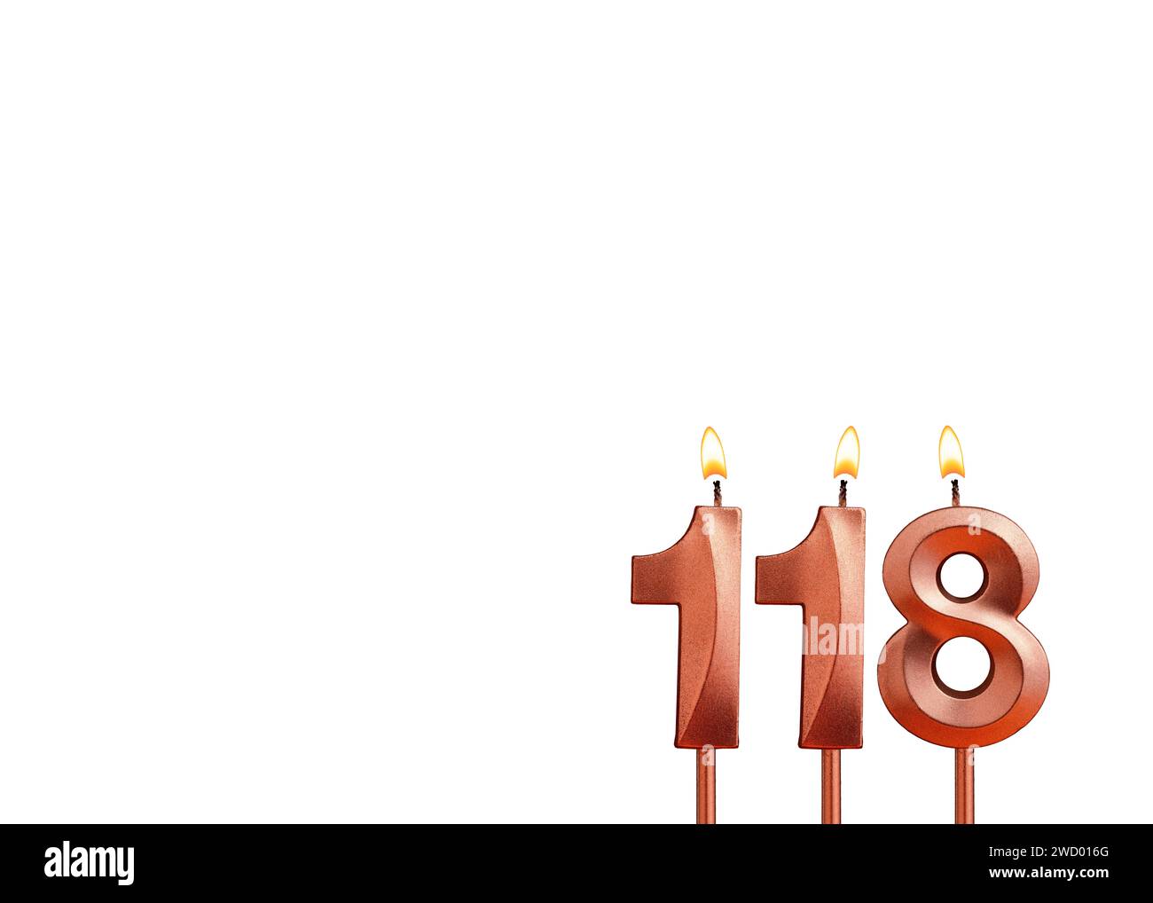 Burning candle number 118 for birthday on white background Stock Photo ...